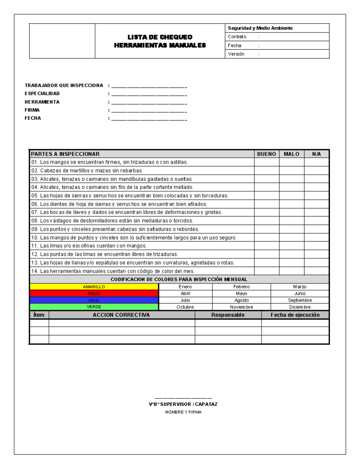Check List. Herramientas manuales. Rev 0 - LISTA DE CHEQUEO HERRAMIENTAS MANUALES Seguridad y ...