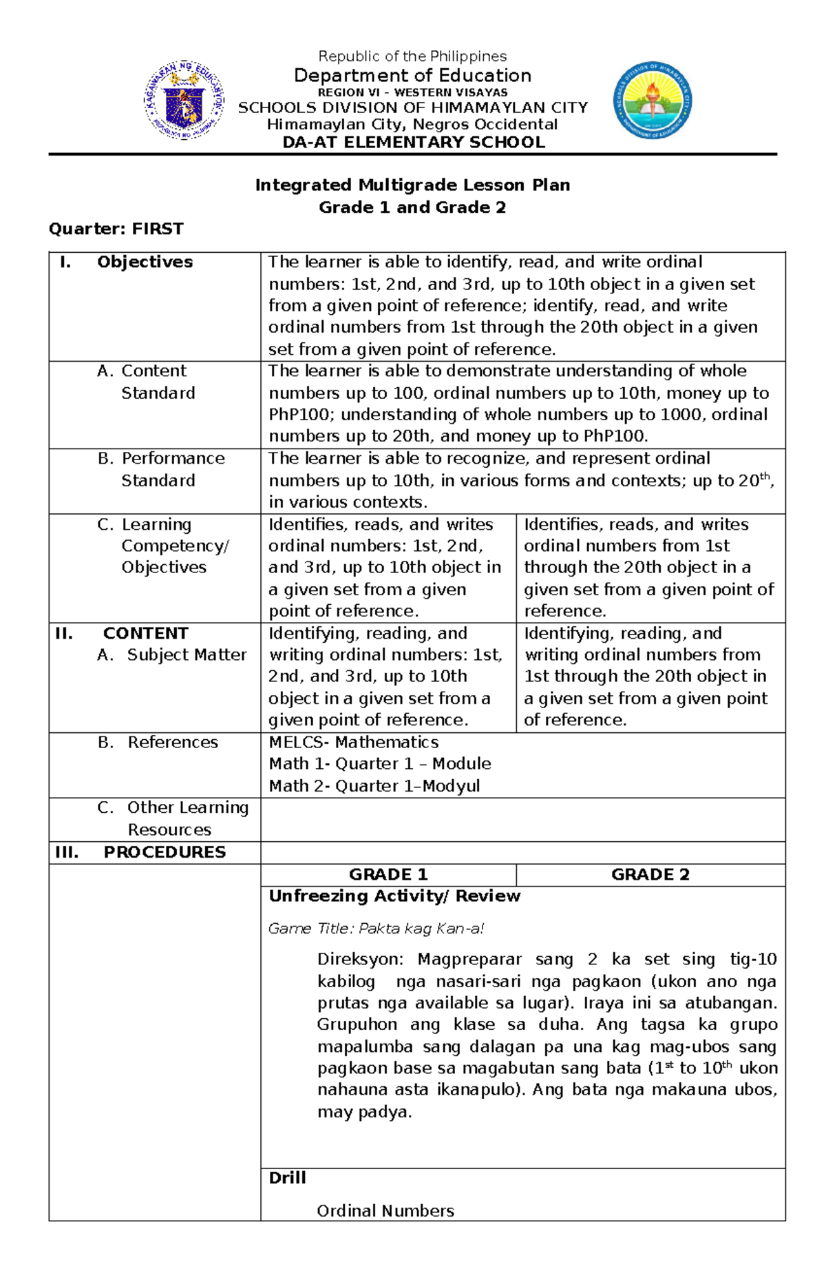 Final 1ST- Quarter -MATH-CO- Grade-1- Grade-2 DA-AT-ES-1 - Department ...