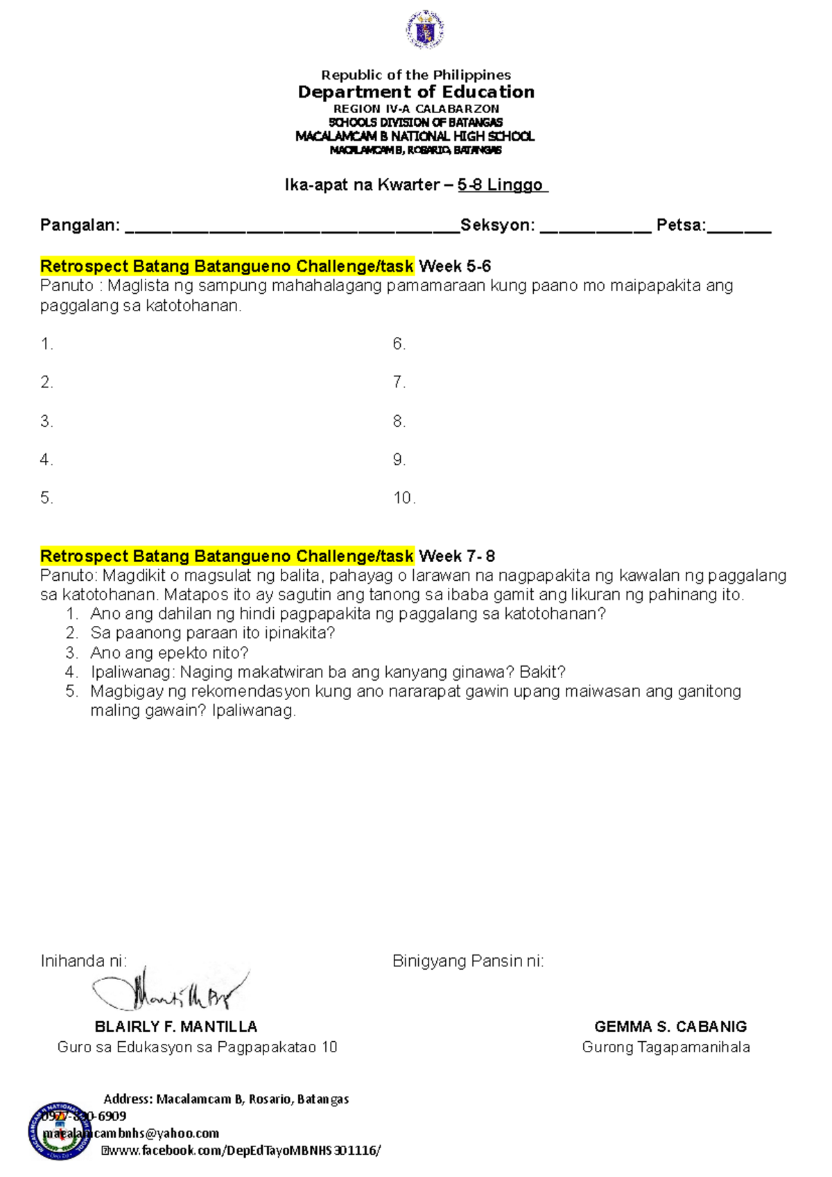 LAS ESP 10 4TH Quarter RBB - Republic of the Philippines Department of Education REGION IV-A ...
