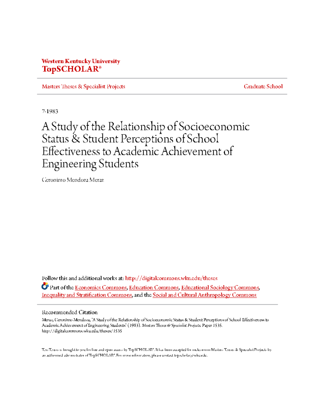 A Study of the Relationship of Socioeconomic Status & Student Per ...