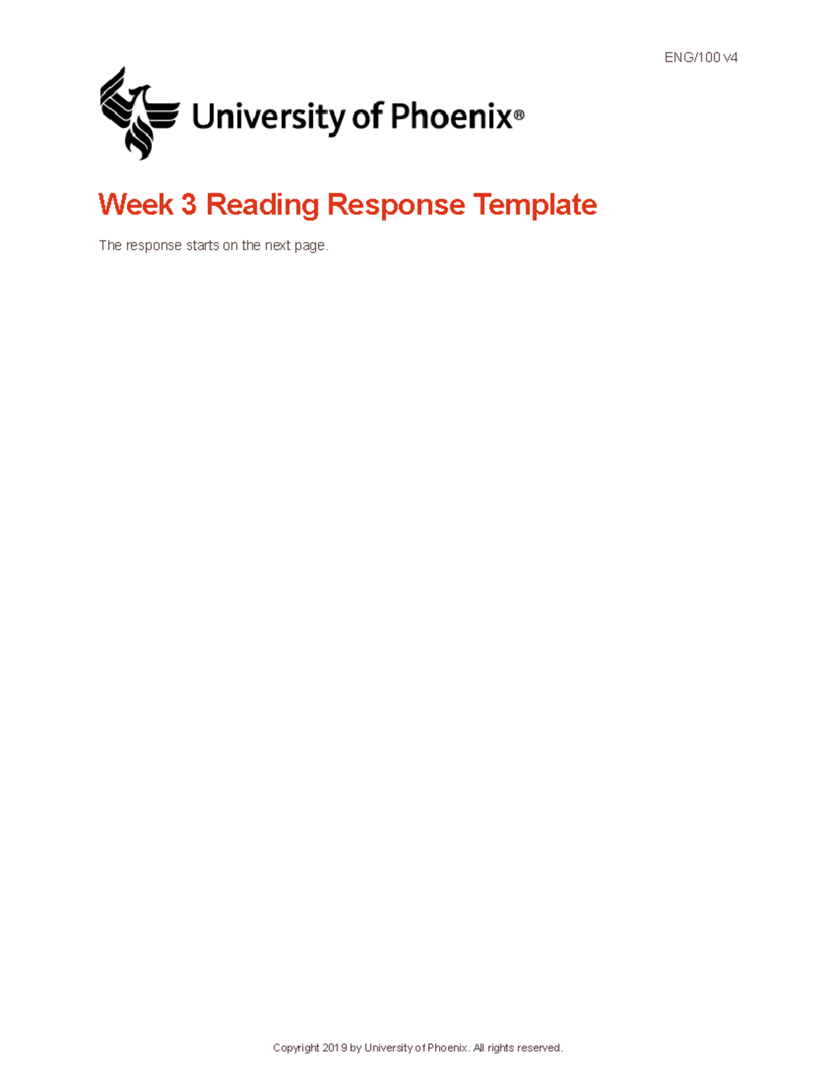 ENG Week 3 Assignment - ENG/100 v Week 3 Reading Response Template The ...