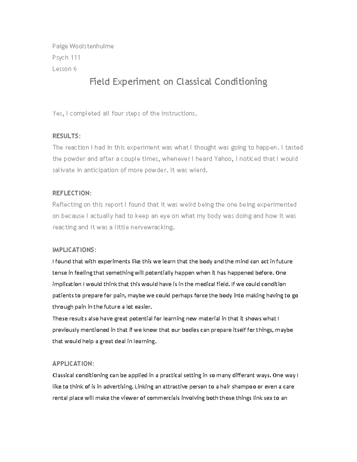 Field Experiment on Classical Conditioning (1) - RESULTS: The reaction ...