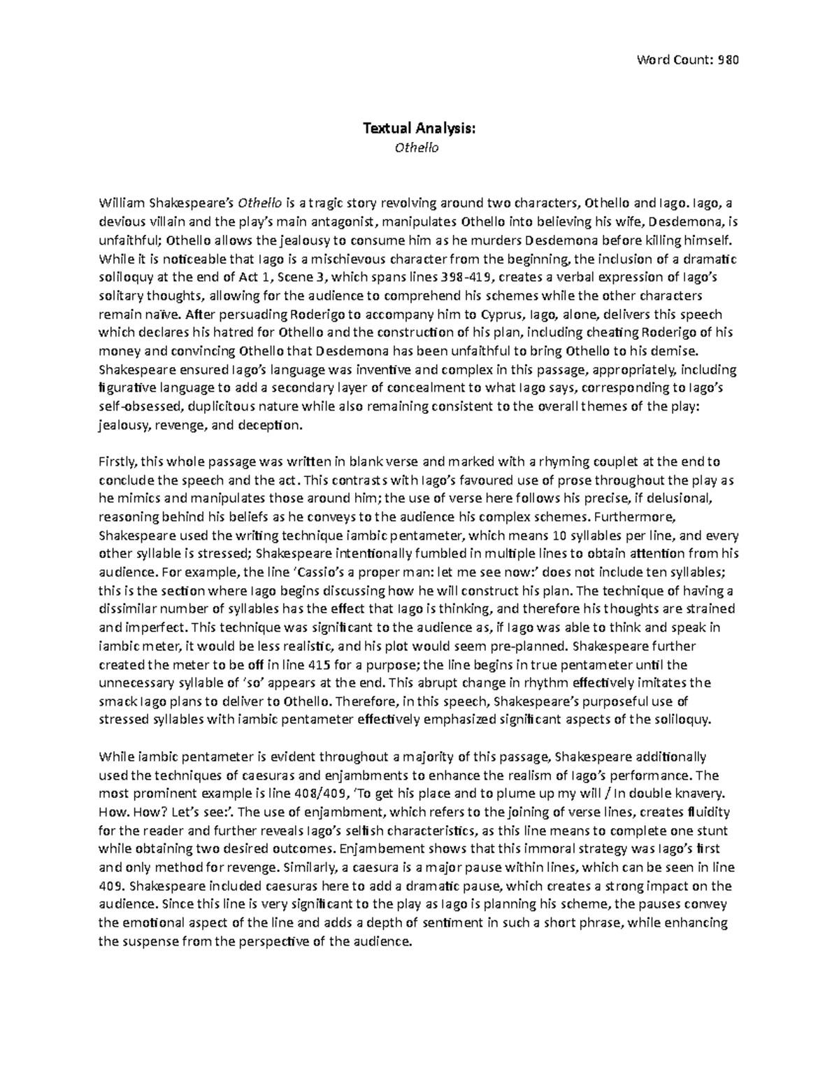 English Textual Analysis - Word Count: 980 Textual Analysis: Othello ...