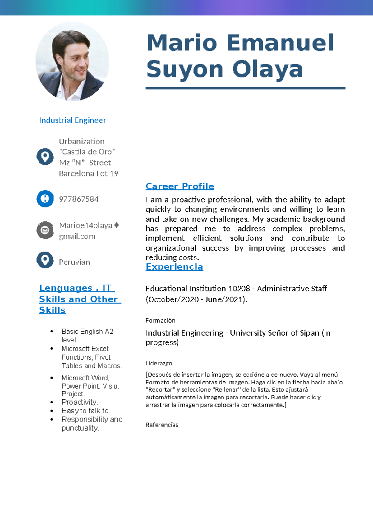 Mario Suyon Olaya Ingles CV - Mario Emanuel Suyon Olaya Career Profile ...