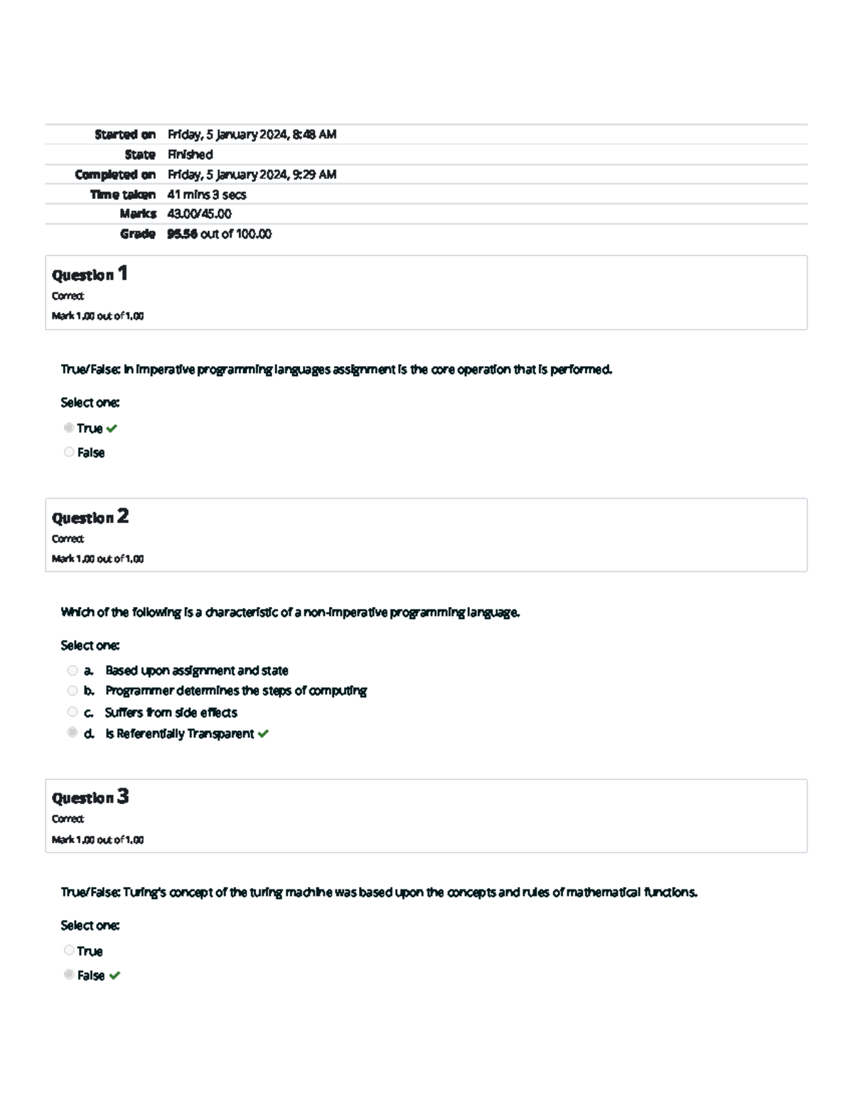 Review Quiz Attempt - Started on Friday, 5 January 2024, 8:48 AM State Finished Completed on ...