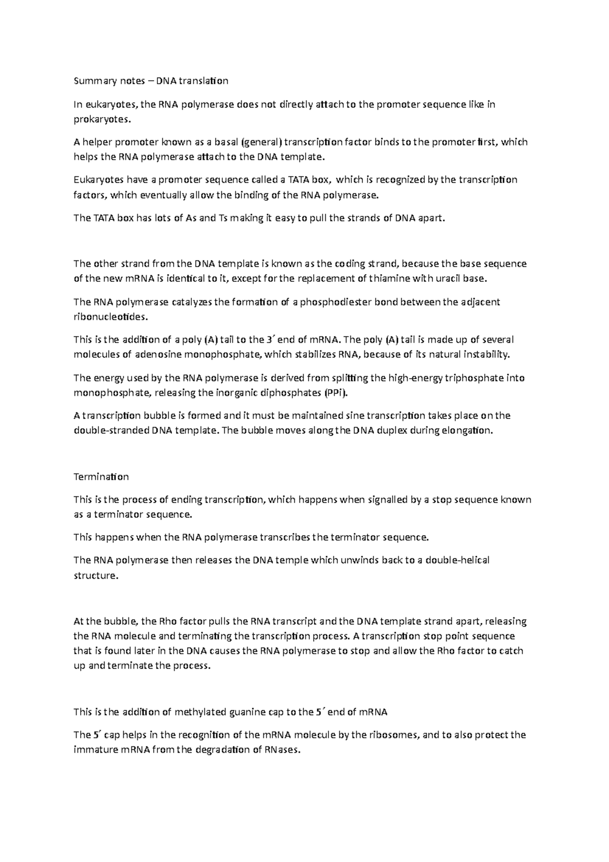 Summary notes – DNA translation - Summary notes – DNA translation In ...