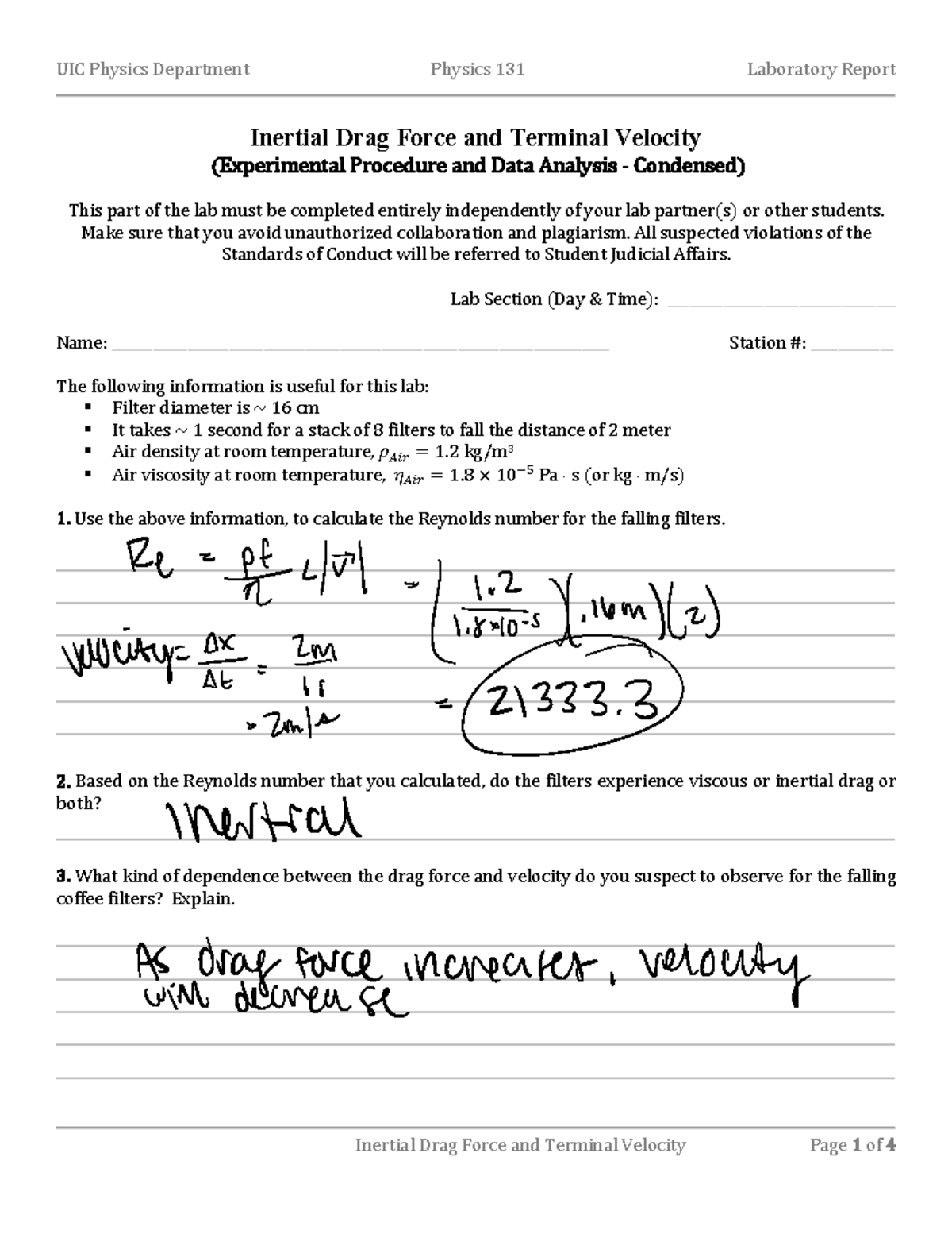 Phys 131 inertial drag lab - Inertial Drag Force and Terminal Velocity ...