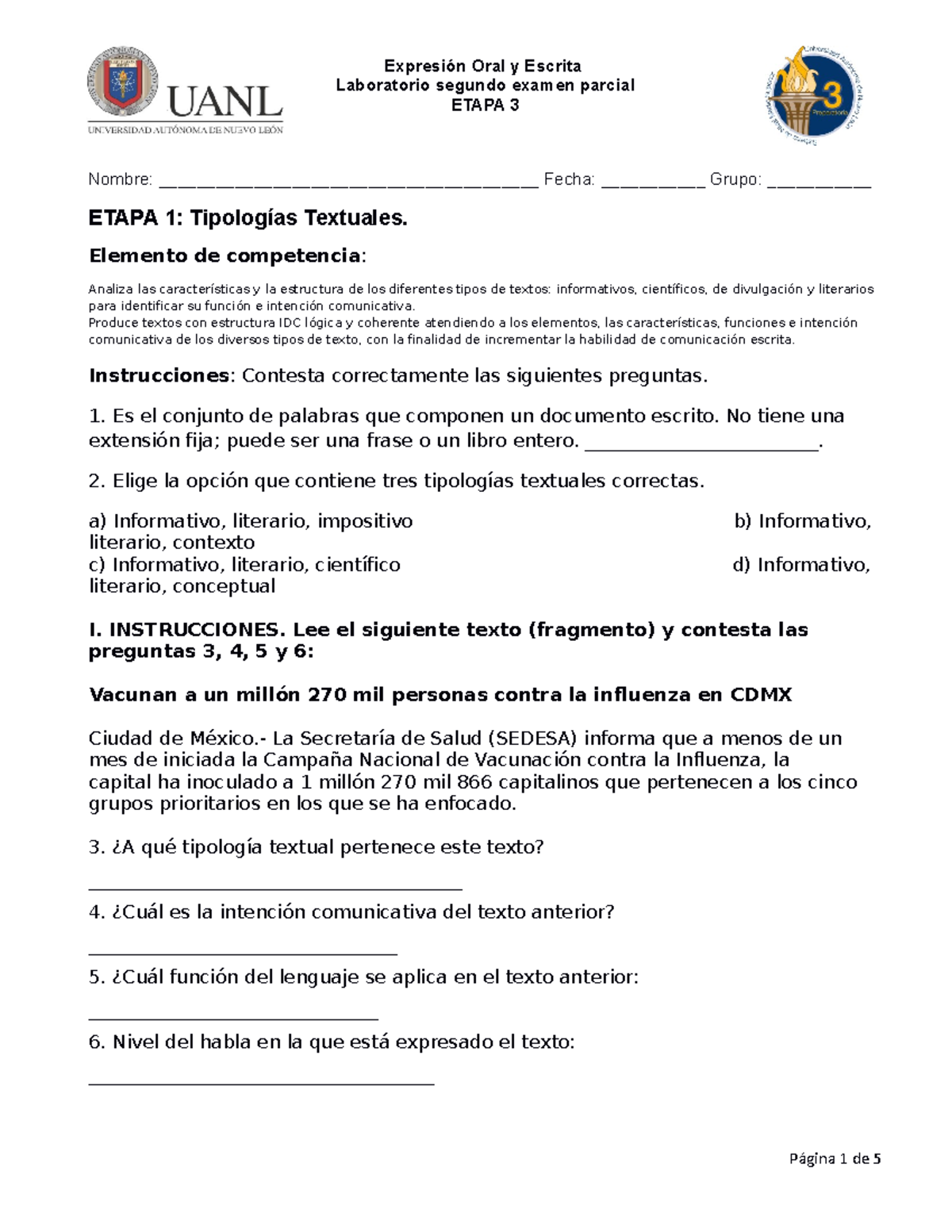 LAB Segundo Parcial EOYE - Expresión Oral y Escrita Laboratorio segundo examen parcial ETAPA 3 ...