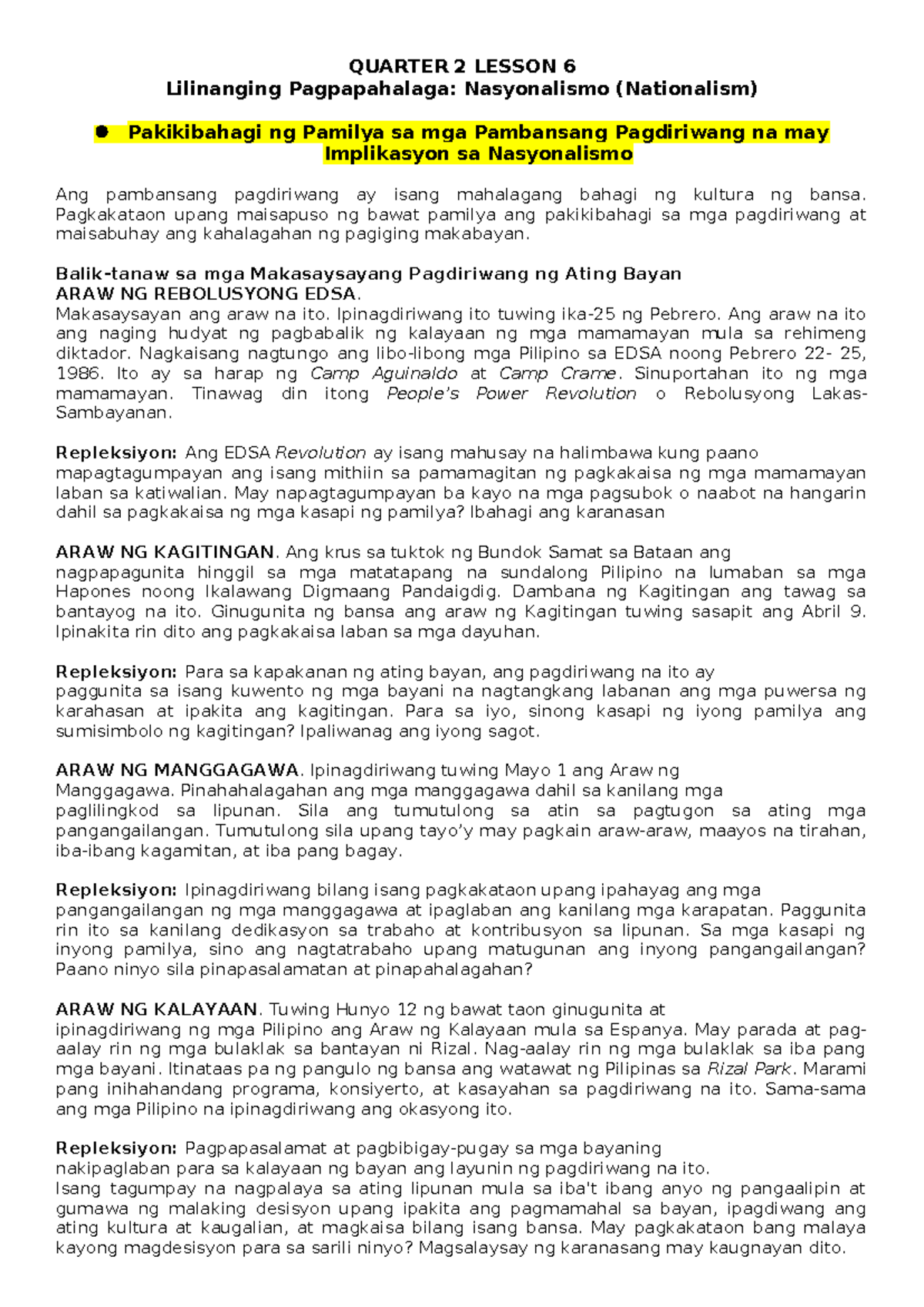 Quarter-2- Lesson-6 - VE LESSON 6 - QUARTER 2 LESSON 6 Lilinanging ...