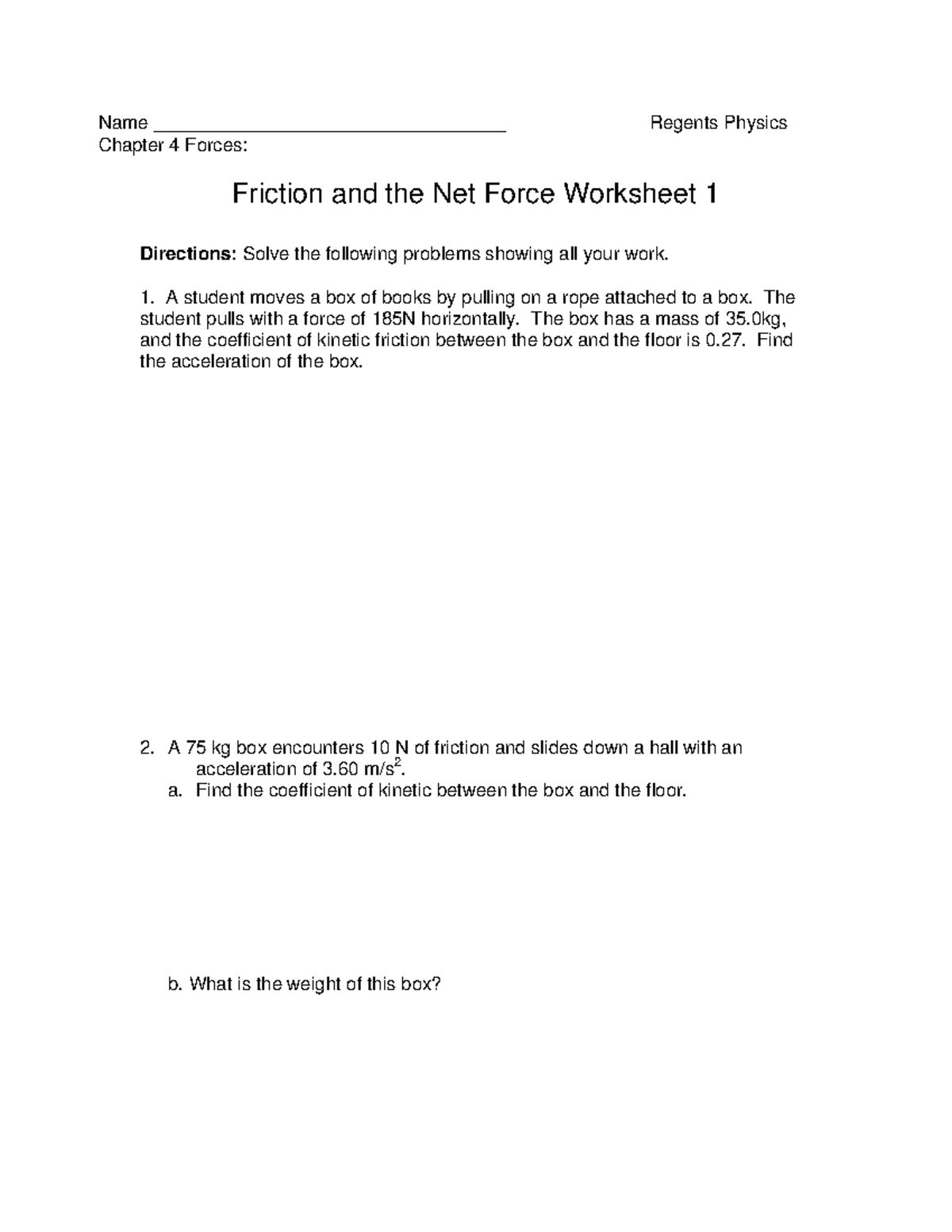 Friction Homework Worksheet - Name ...