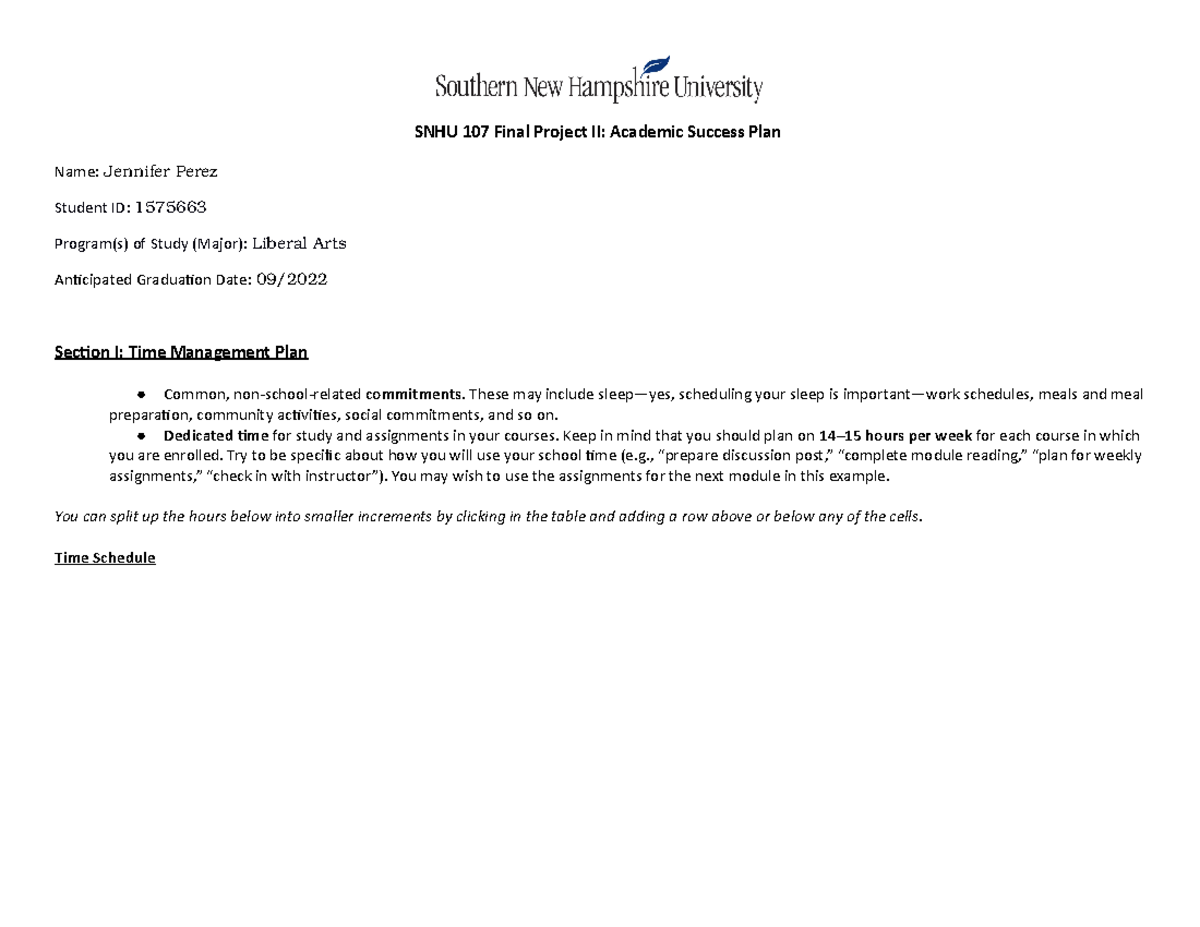 SNHU 107 Final Project II Academic Success Plan Template - SNHU 107 ...