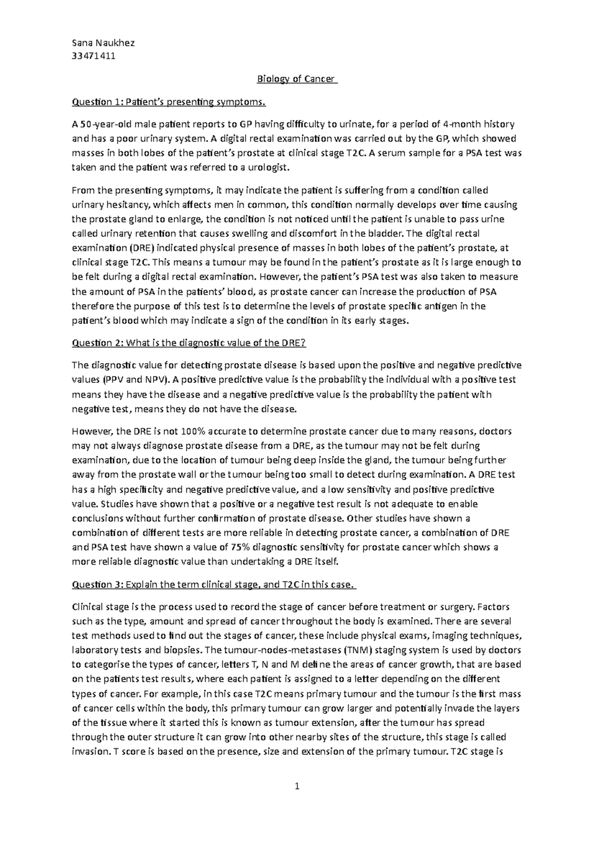 Prostate Cancer case study - 33471411 Biology of Cancer Question 1 ...
