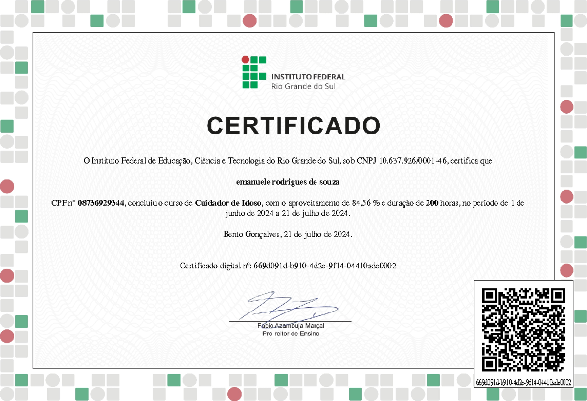 Cuidador de Idoso-Certificado digital 2504671 - Terapeutica Odonto - O Instituto Federal de ...