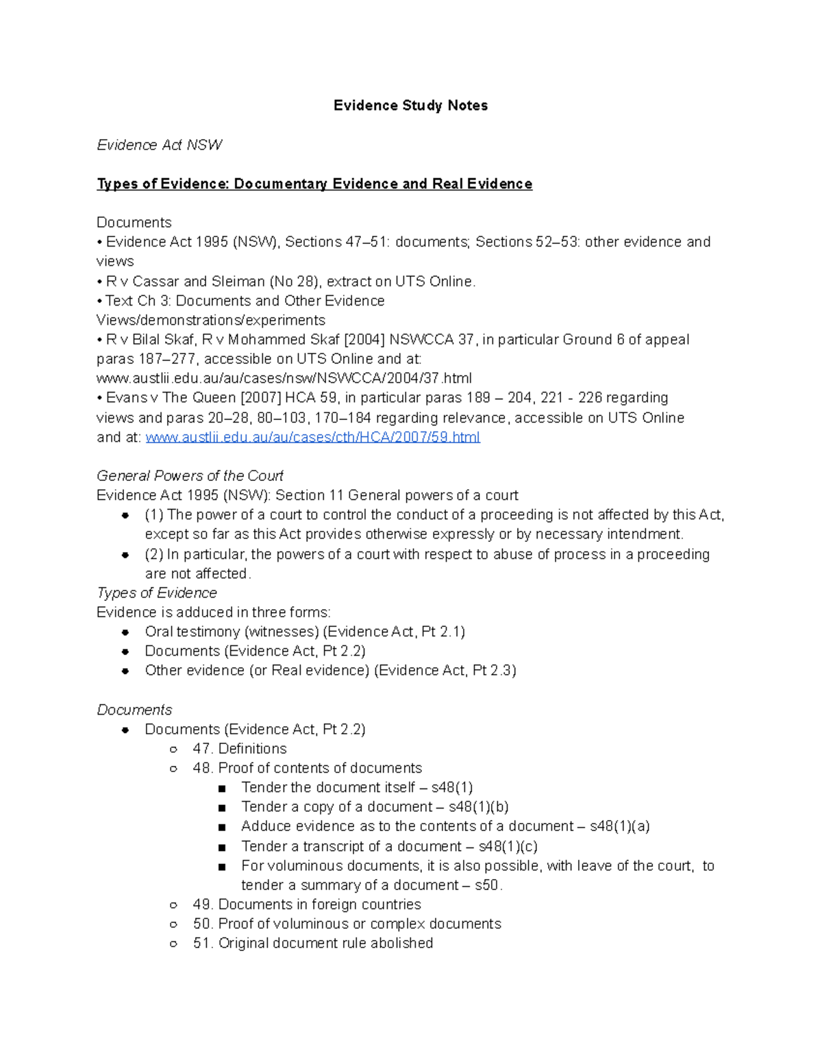 Evidence Lecture Notes - Evidence Study Notes Evidence Act NSW Types of ...