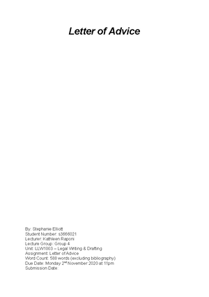 Letter of advice assessment - Task A letter of advice on a statutory ...