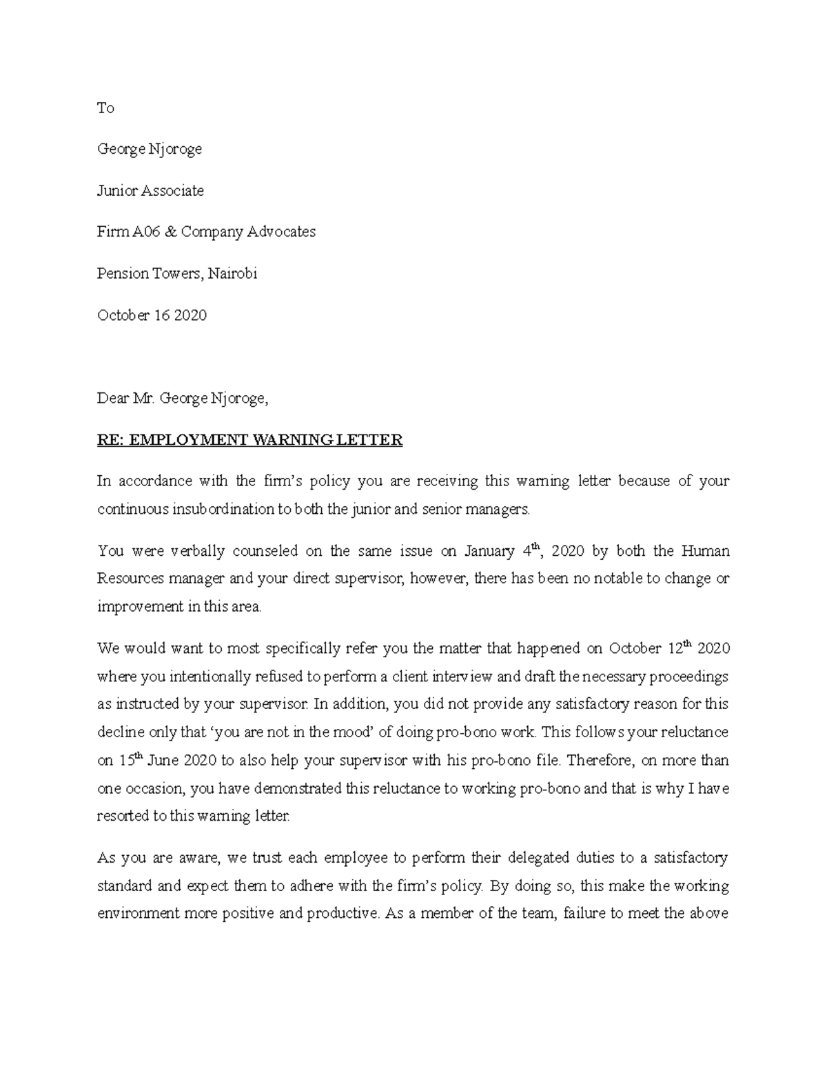 Firm 6 Assignment Warning Letter for Insurbodination-1 - To George ...