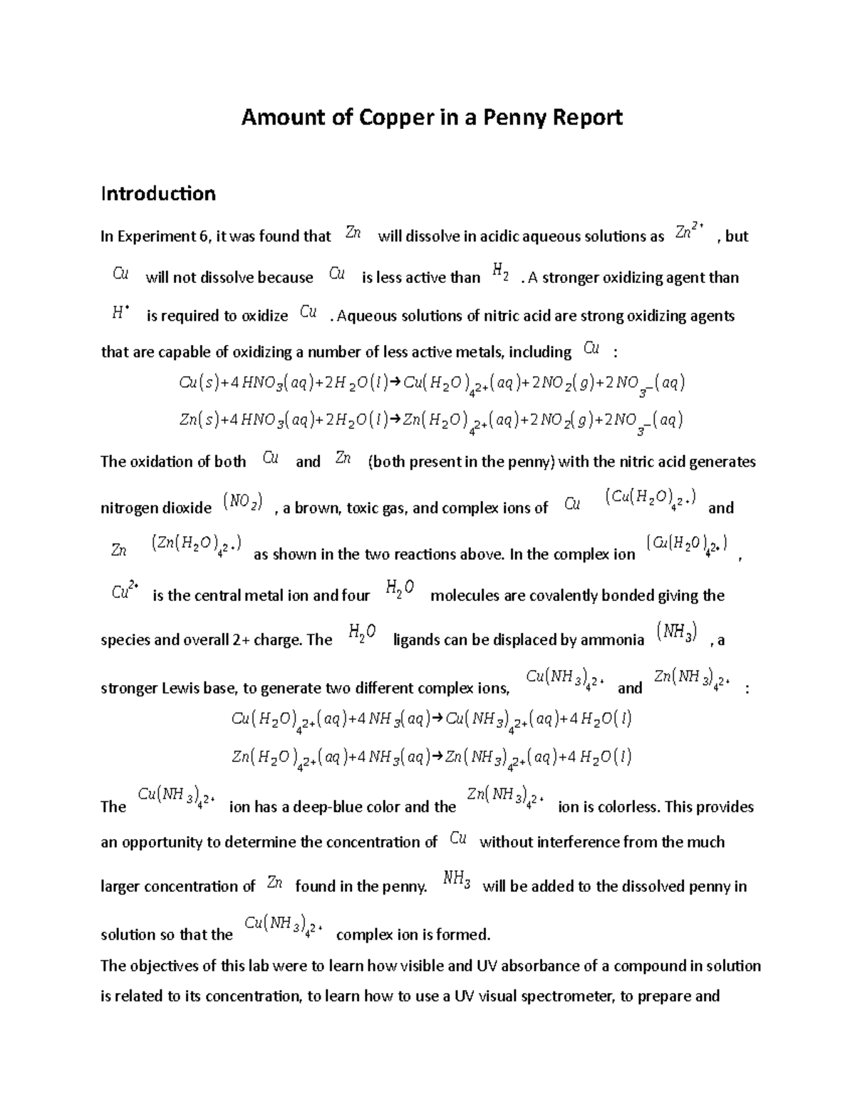 Experiment 8 - Amount of Copper in a Penny Report - Amount of Copper in ...