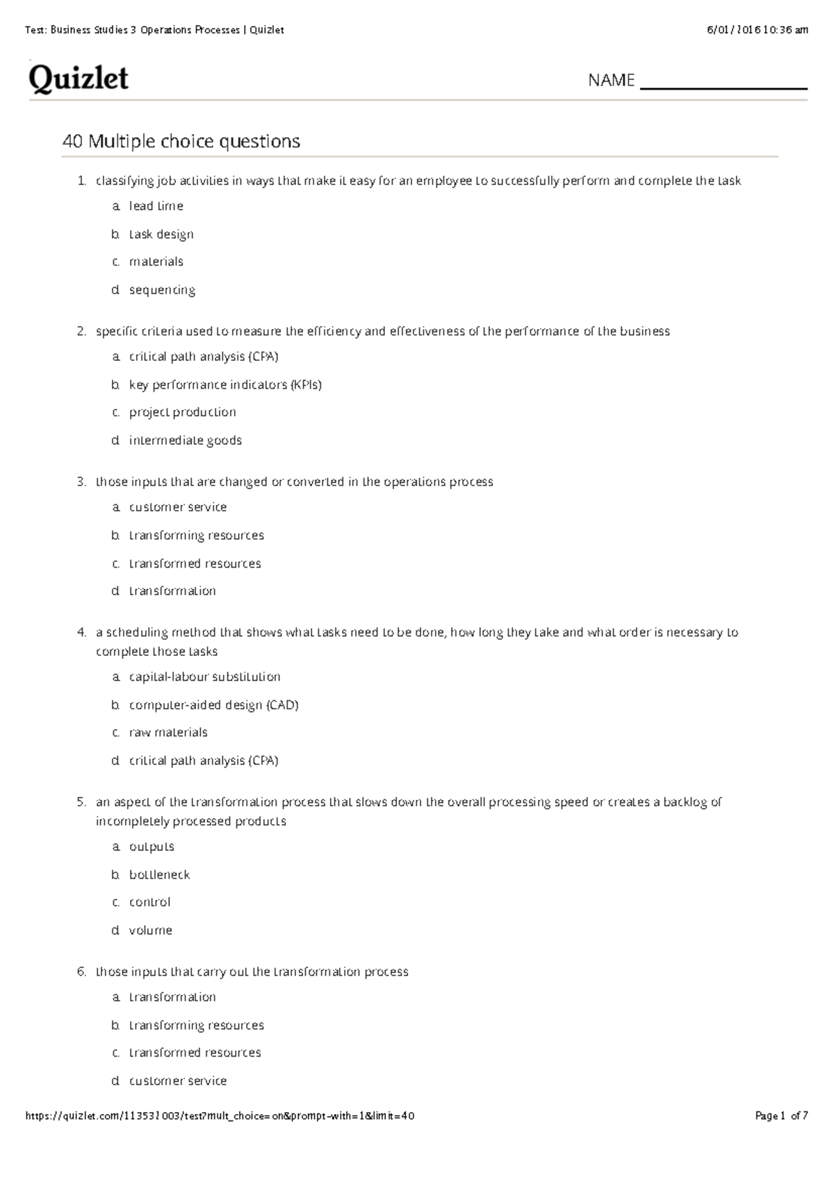 Test Business Studies 3 Operations Processes Quizlet - 40 Multiple ...
