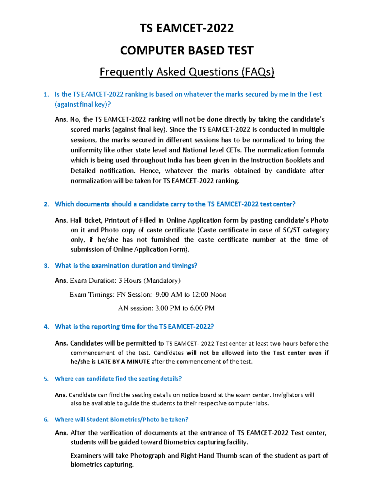 FAQ's for Computer Based TEST(CBT) - TS EAMCET- COMPUTER BASED TEST ...
