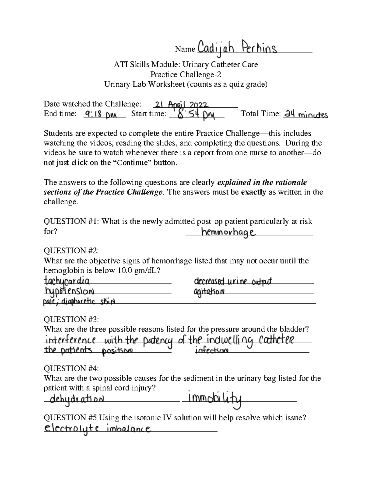 Urinary Worksheet - Name ___________________________ ATI Skills Module ...