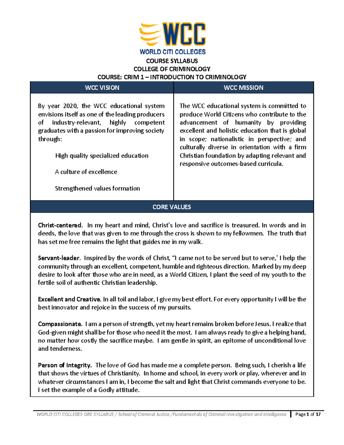 2023 Crim 1 Intro Crim Course syllabus - WORLD CITI COLLEGES OBE ...