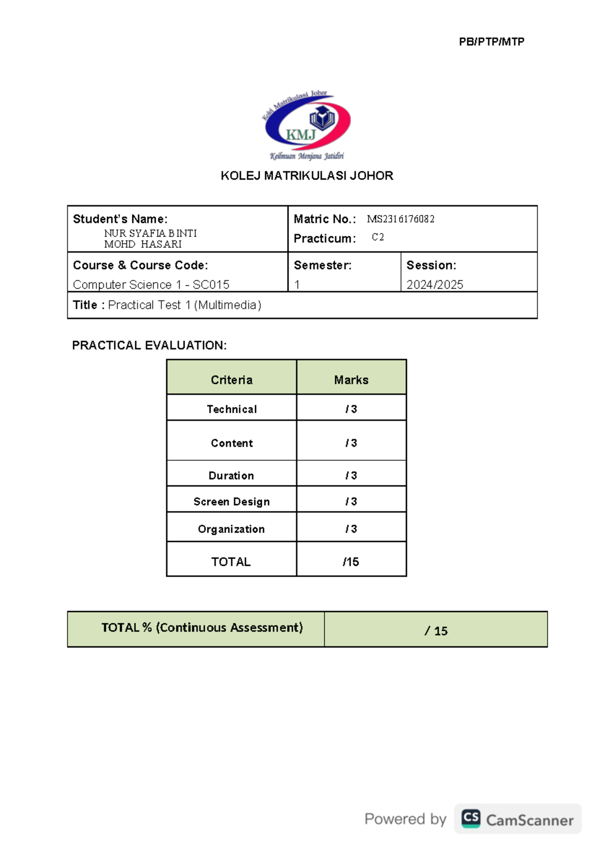Cover & Rubric Practical Test 1 - PB/PTP/MTP KOLEJ MATRIKULASI JOHOR ...