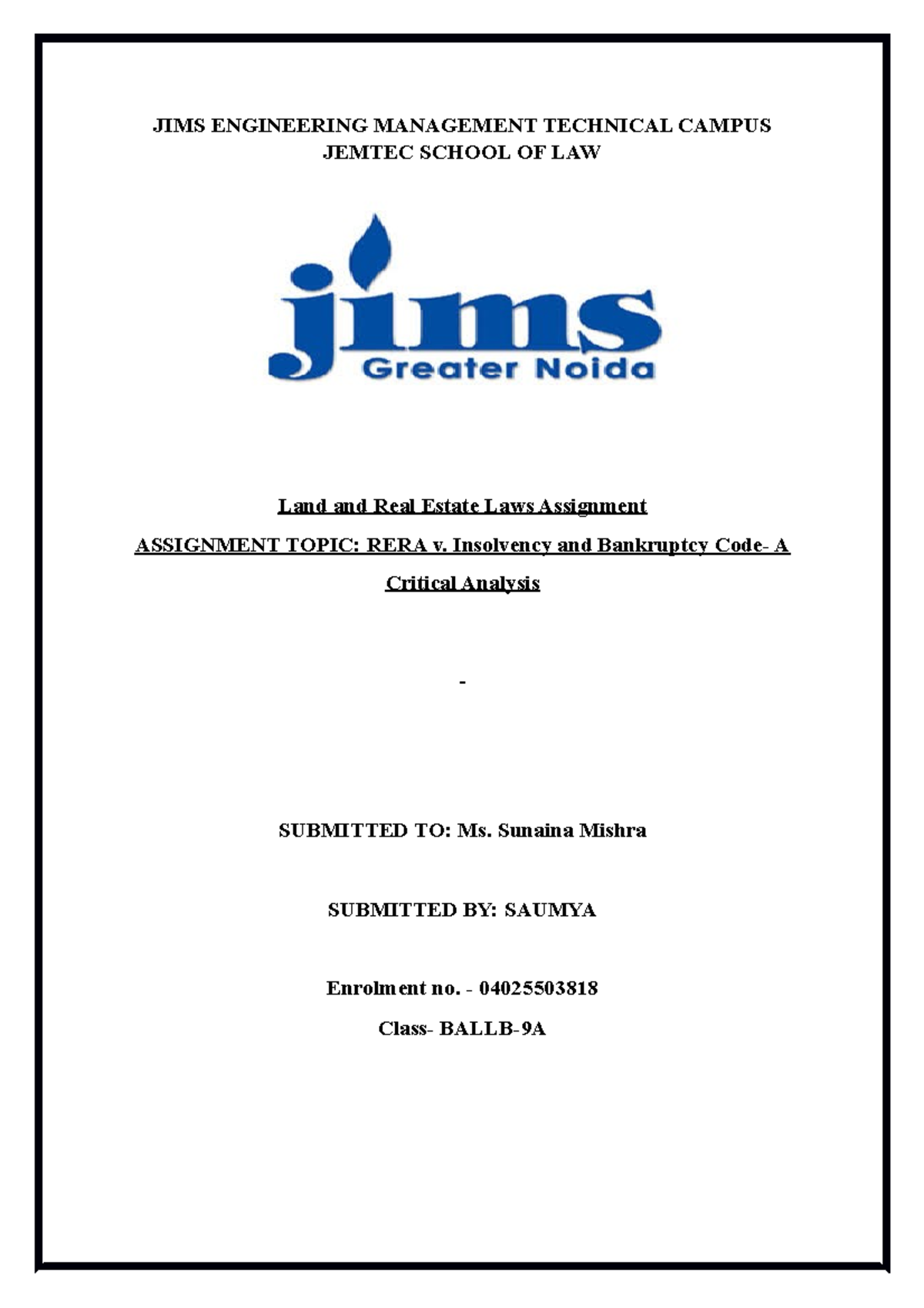 LAND LAWS Assignment - JIMS ENGINEERING MANAGEMENT TECHNICAL CAMPUS ...