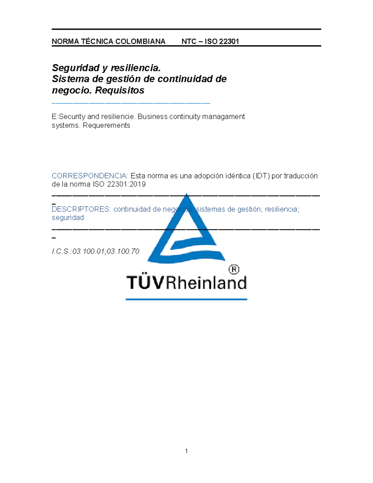 ISO 22301 2019 docx - Normas ISO - Seguridad y resiliencia. Sistema de gestión de continuidad de ...