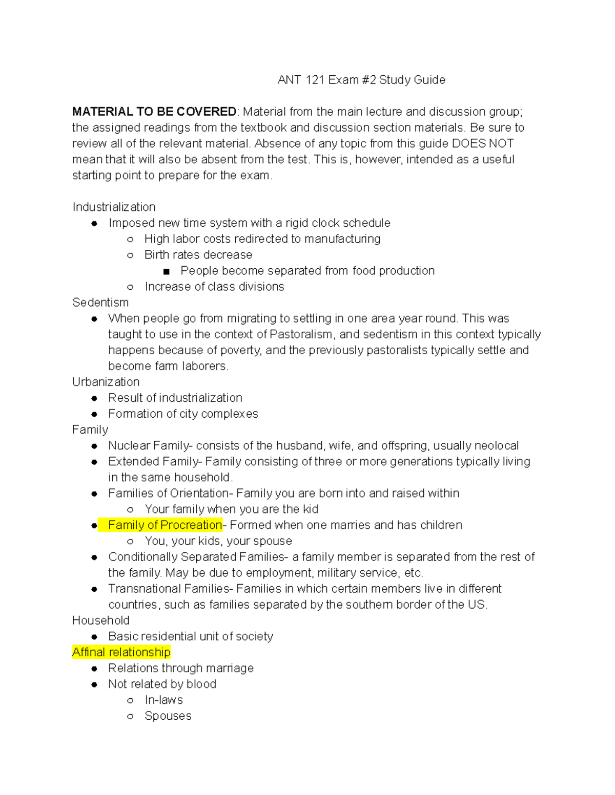Study Guide test 2 - ANT 121 Exam #2 Study Guide MATERIAL TO BE COVERED ...