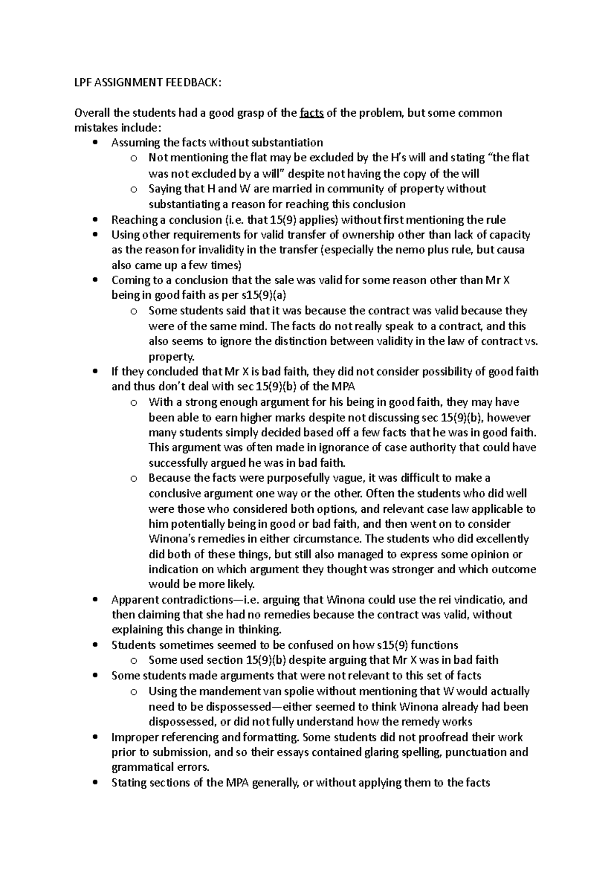 LPF Assignment Feedback - LPF ASSIGNMENT FEEDBACK: Overall the students ...