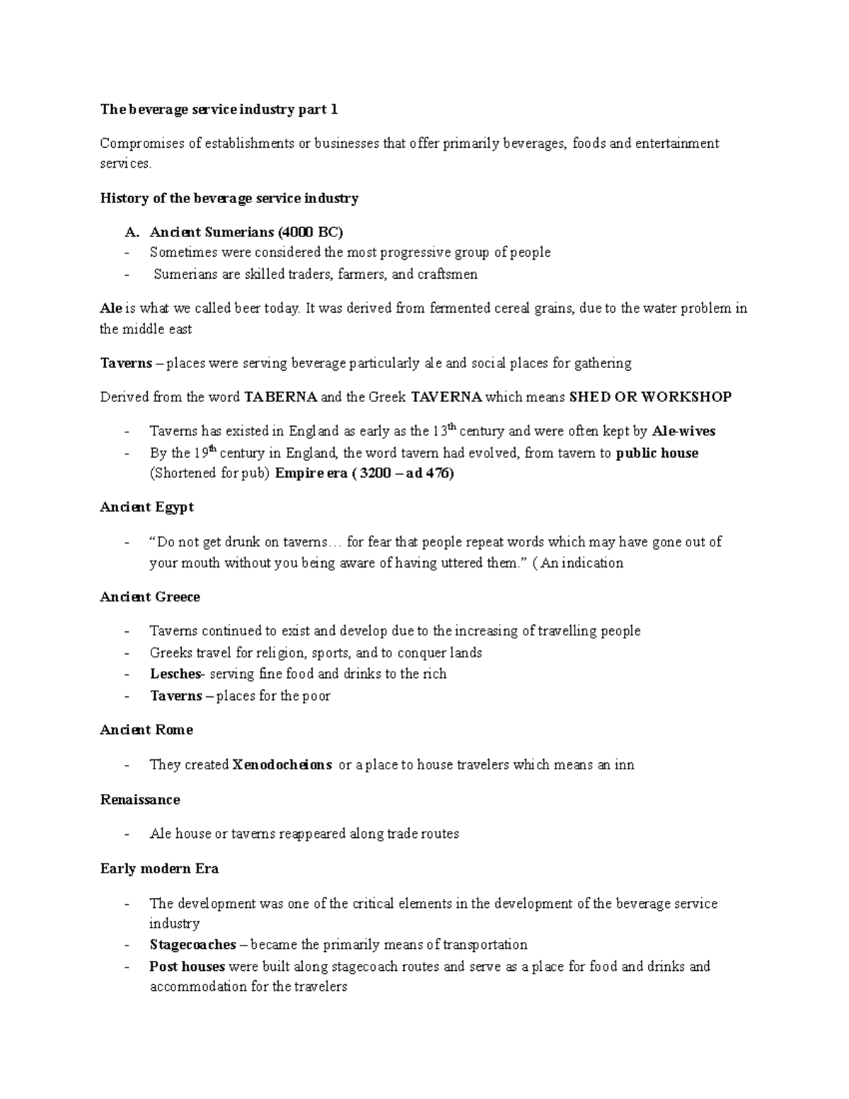 Bar and bev notes 1 1 - reviewer - The beverage service industry part 1 ...