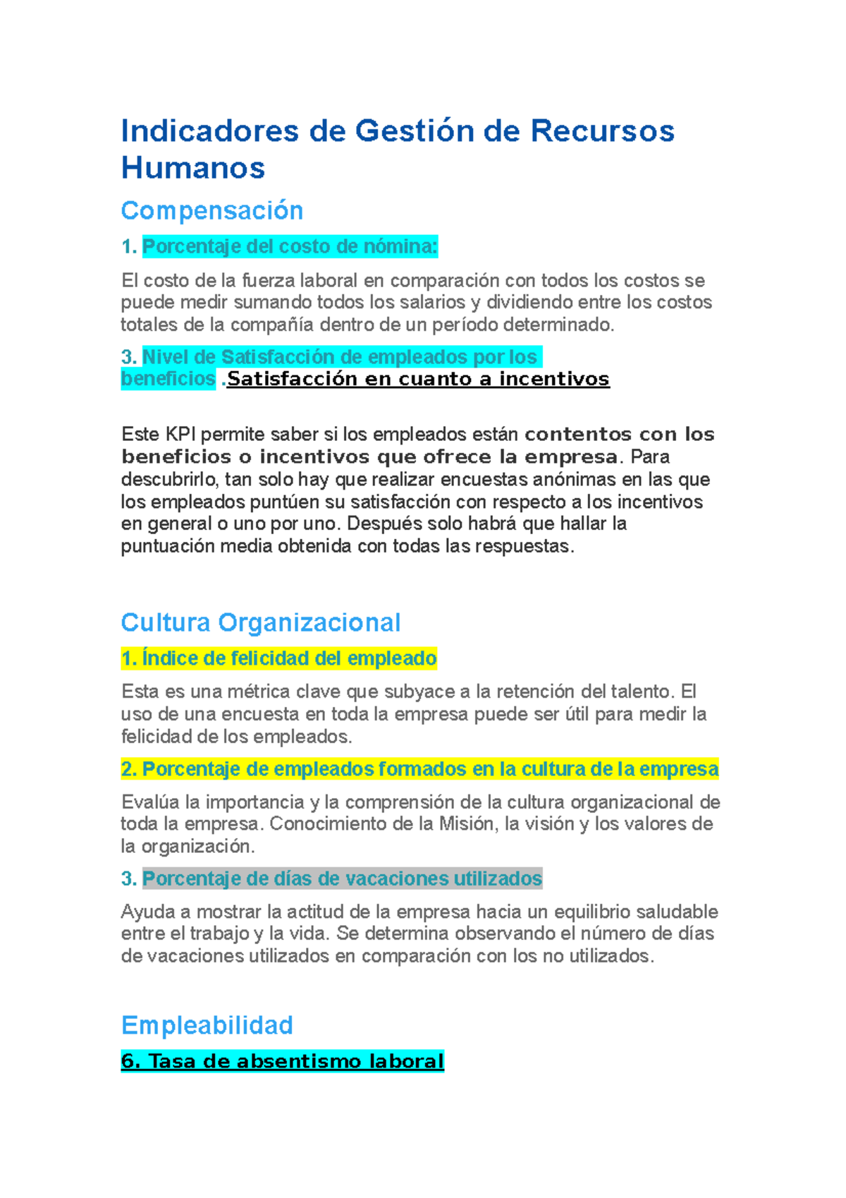 Indicadores de Gestión de - Indicadores de Gestión de Recursos Humanos Compensación Porcentaje ...