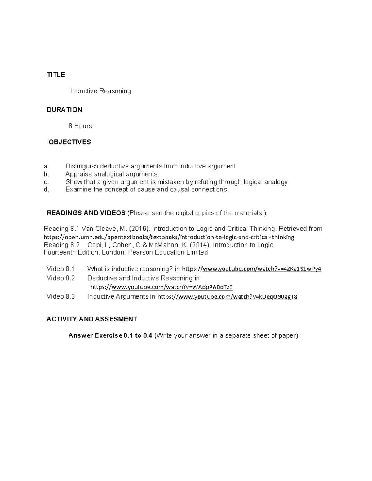 Business Logic Module 8 - TITLE Inductive Reasoning DURATION 8 Hours ...