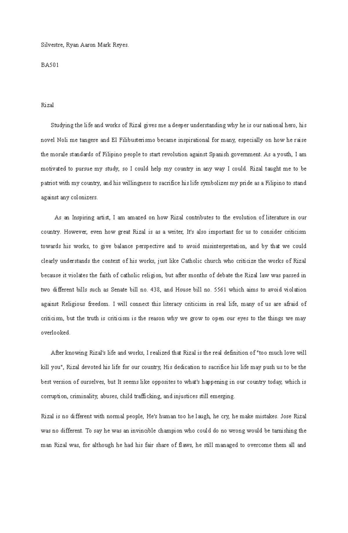 The Life and Works of Jose Rizal . Reflection - Silvestre, Ryan Aaron ...