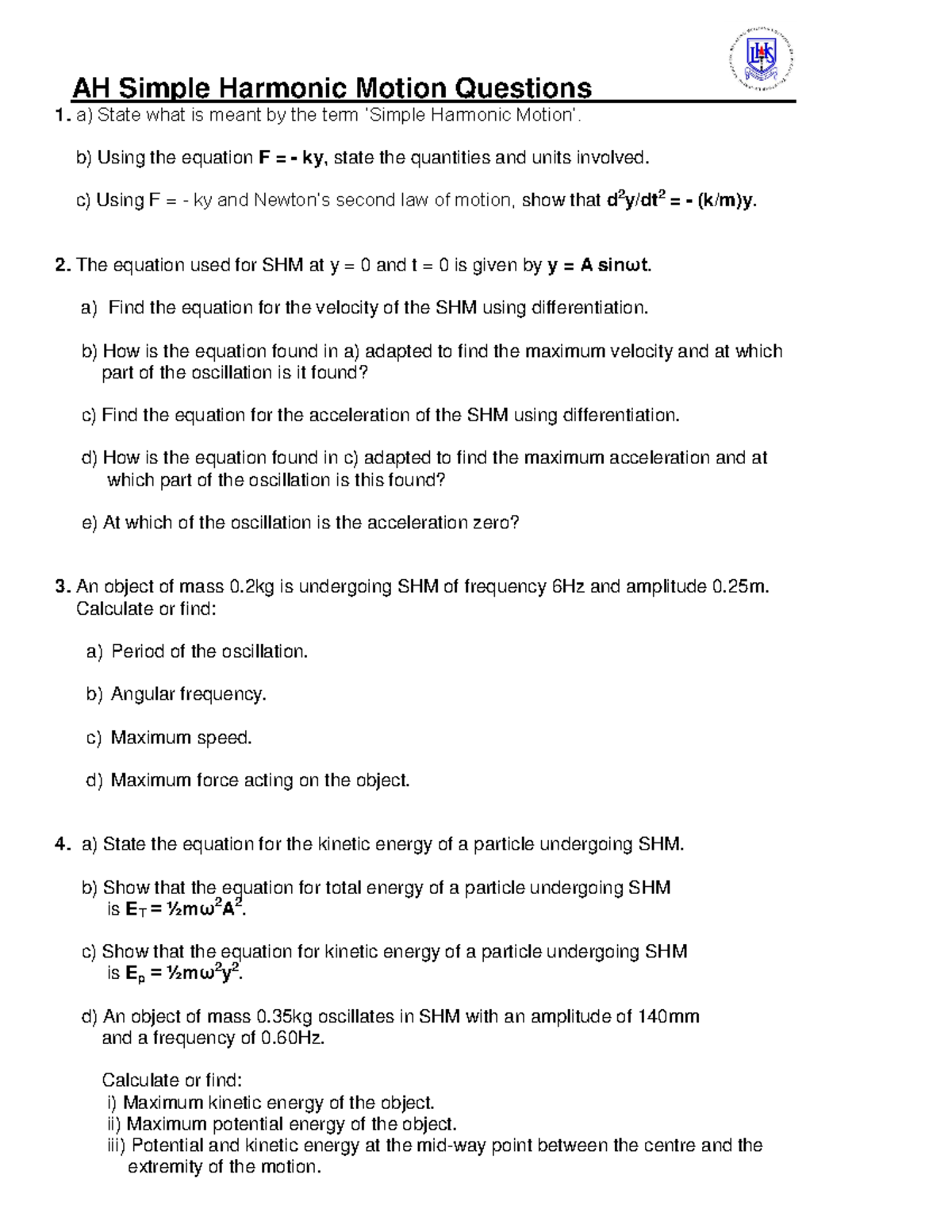 [83463 ]14. AH Simple Harmonic Motion Questions - EGP151S - CPUT - Studocu