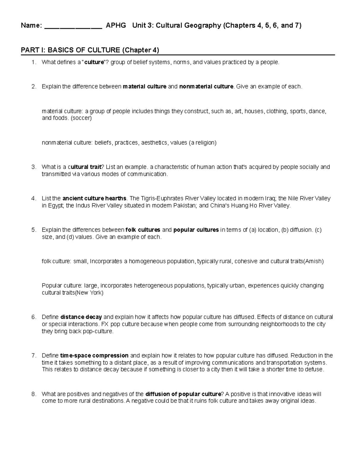 Aphg Unit 3 Study Guide Name APHG Unit 3 Cultural