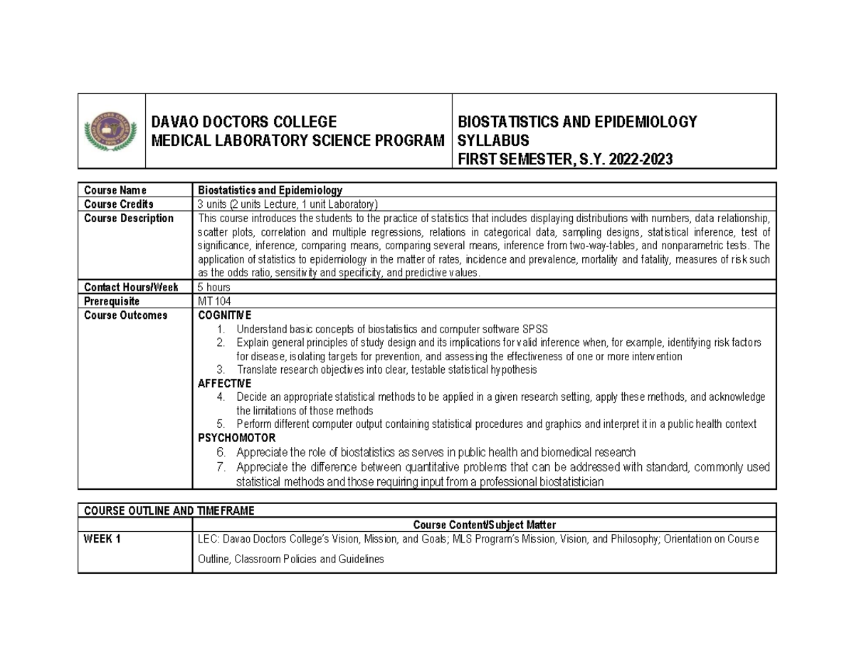 Biostatistics AND Epidemiology Syllabus 22-23 (student copy) - DAVAO ...
