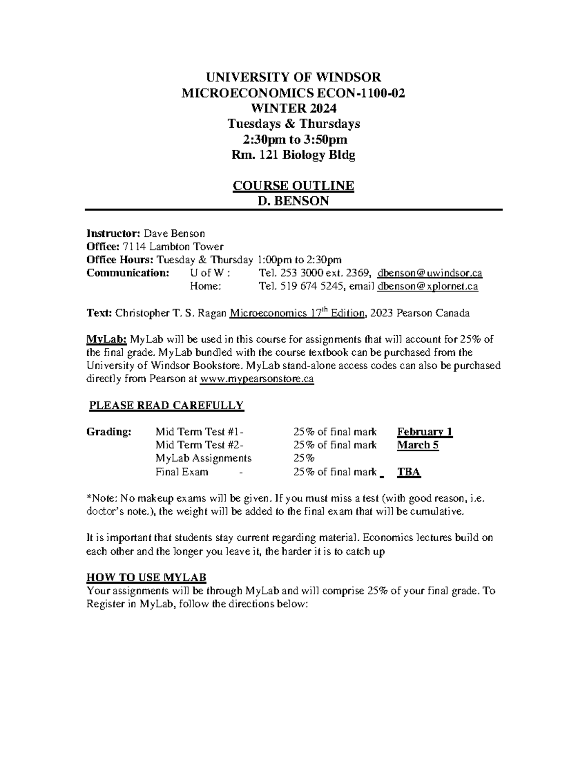 1100 Micro outline Winter 2024 - UNIVERSITY OF WINDSOR MICROECONOMICS ...