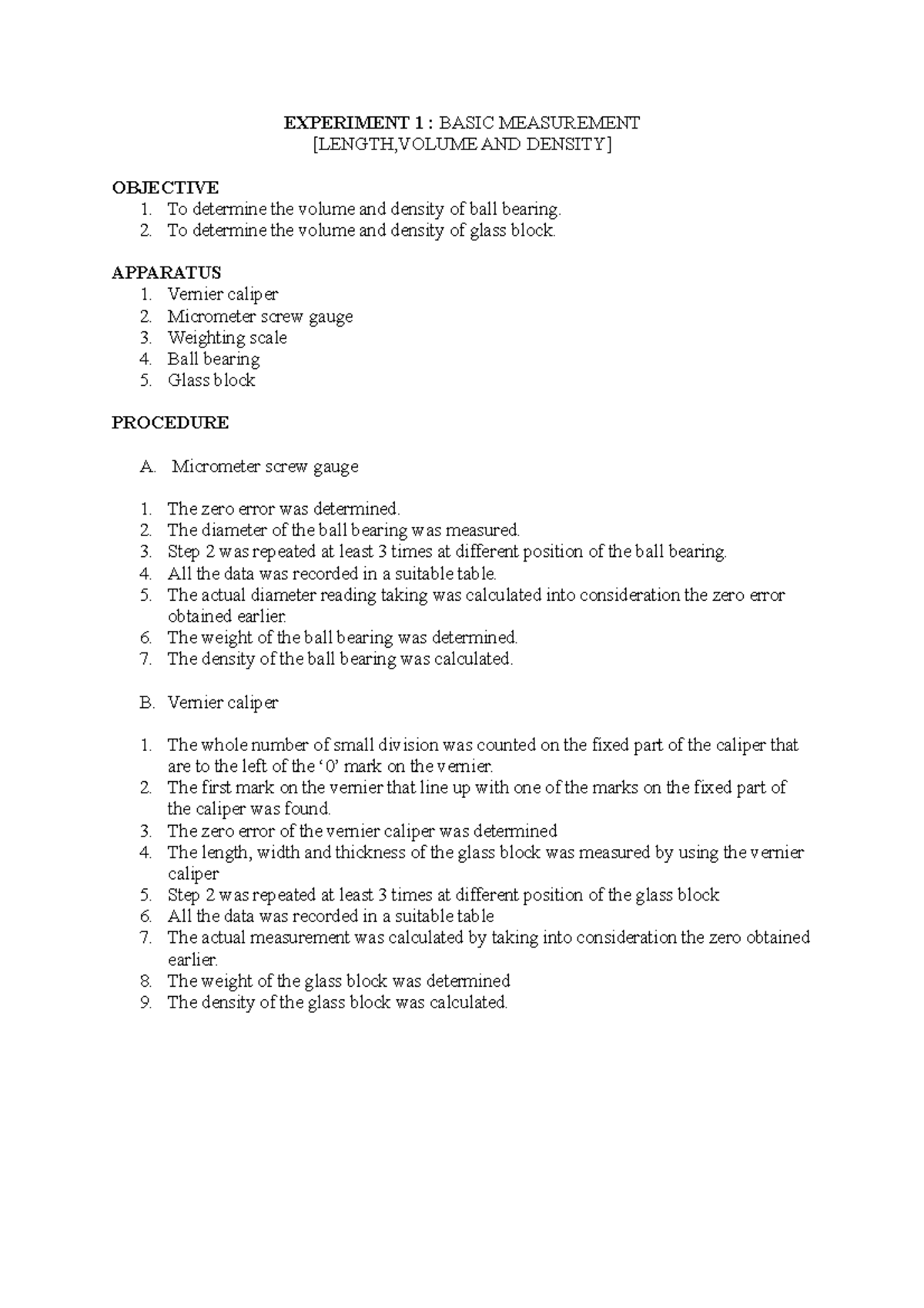 Experiment 1 (Physics) - EXPERIMENT 1 : BASIC MEASUREMENT [LENGTH ...