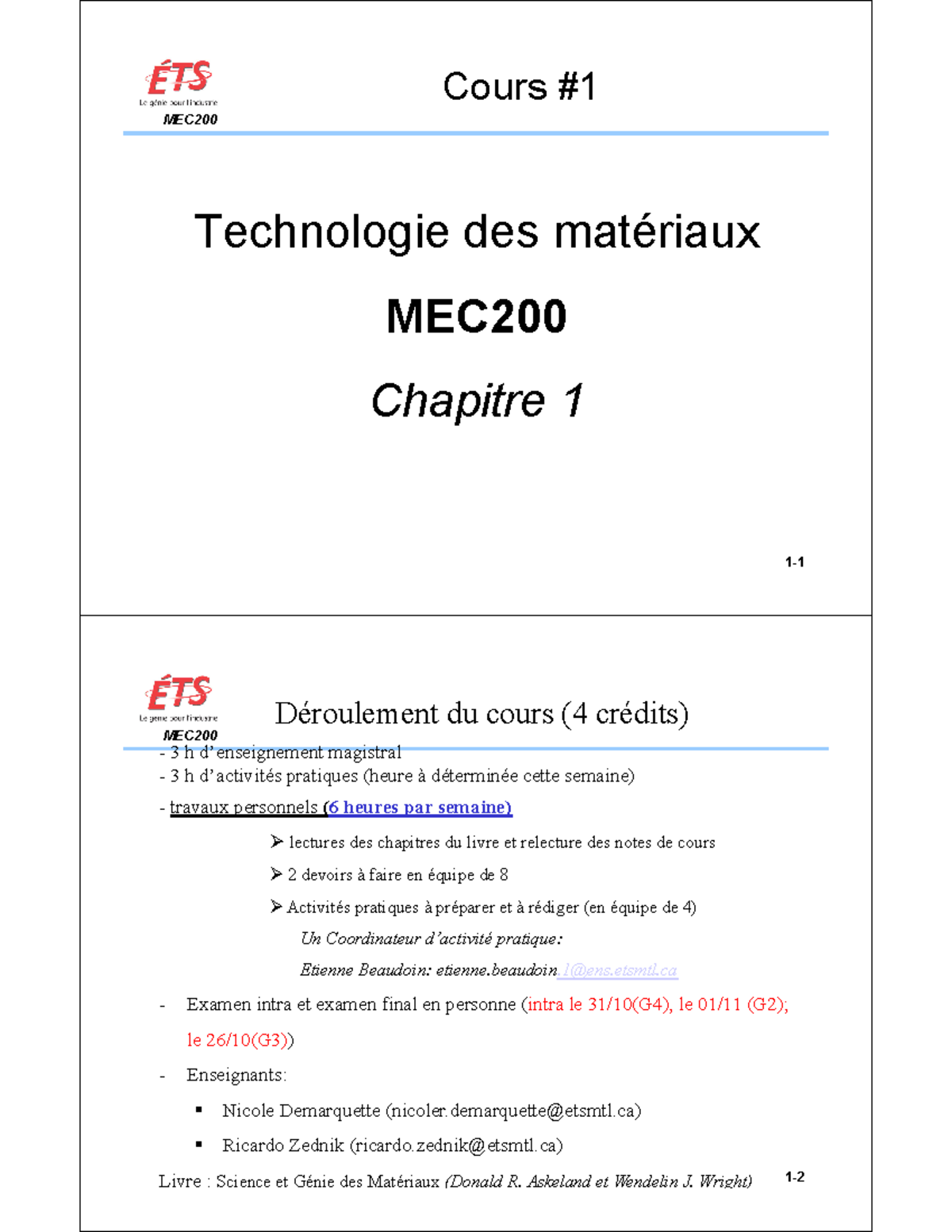MEC 200 - Cours 01 - NDC MEC200 - 1- MEC Technologie des matériaux MEC ...