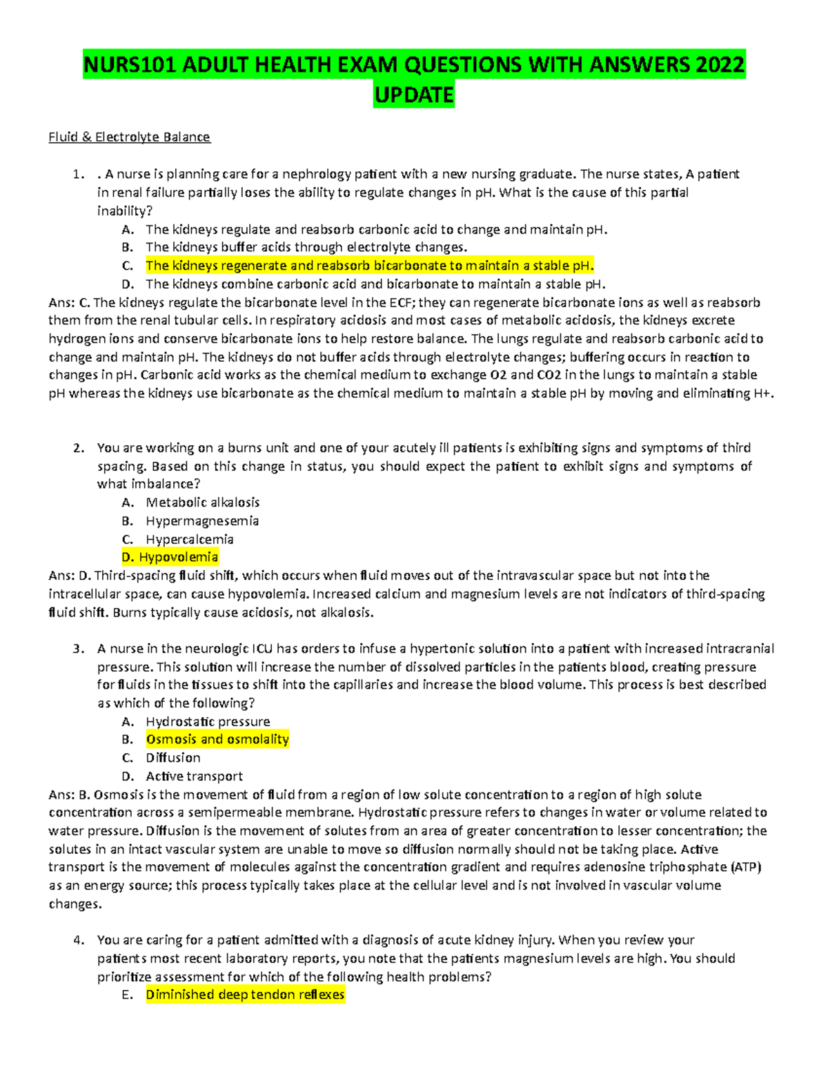 Exam 1 Adult Health Review Questions Answers.docx - NURS101 ADULT ...