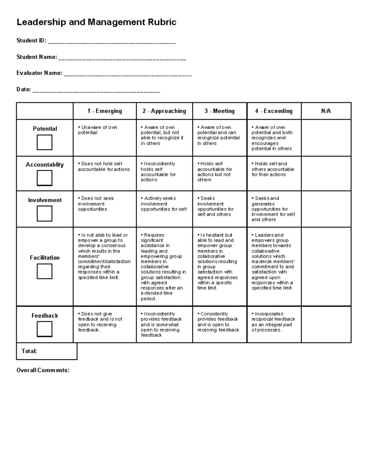 Leadership and Management Rubric - Student ID ...