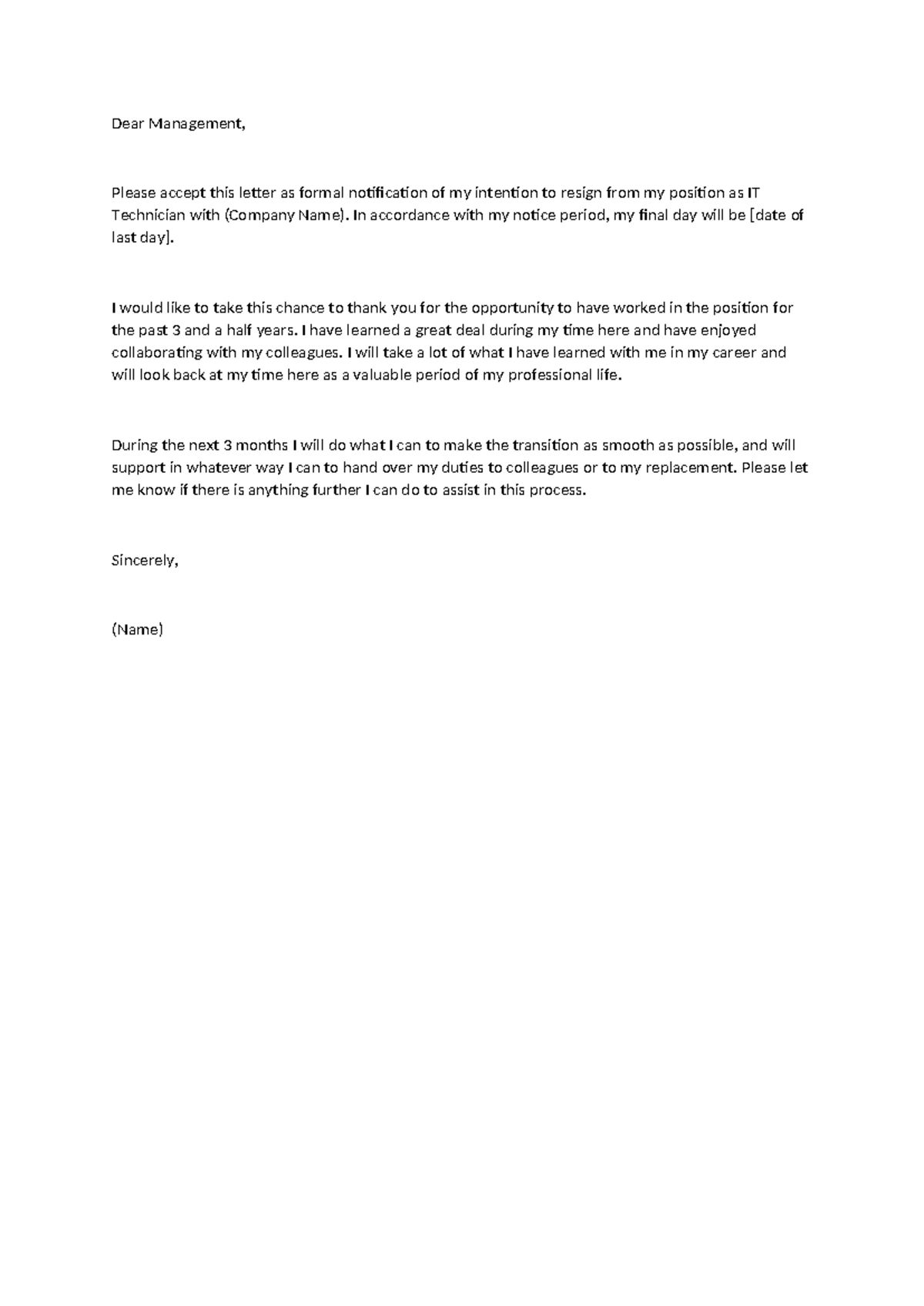 Letter of resignation 1 - Dear Management, Please accept this letter as ...