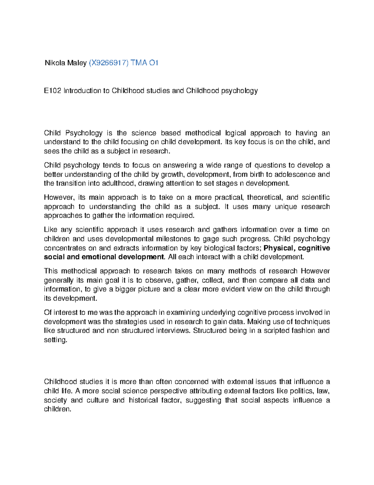 TMA Final - TMA - Nikola Maley (X9266917) TMA O E102 Introduction to ...
