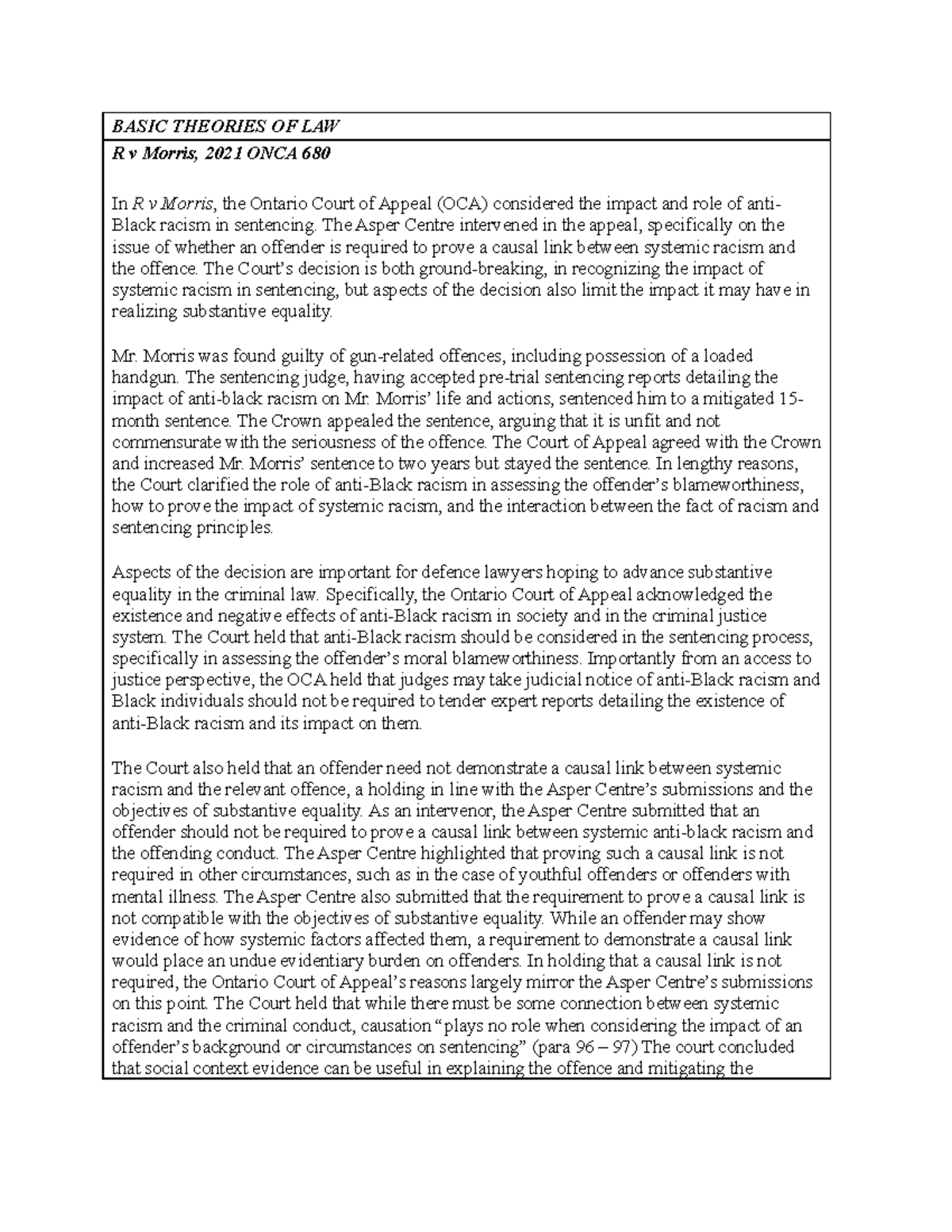 FCL Cases - FCL case law. - BASIC THEORIES OF LAW R v Morris, 2021 ONCA ...