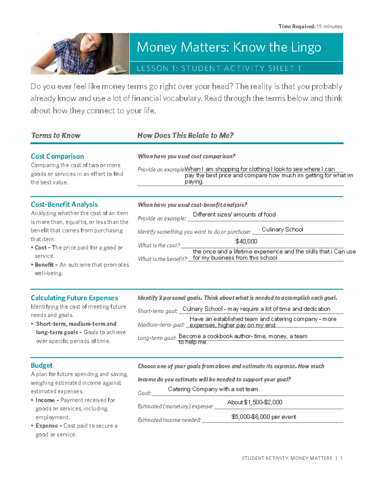 Money Matters (signed) answers and description - STUDENT ACTIVITY ...