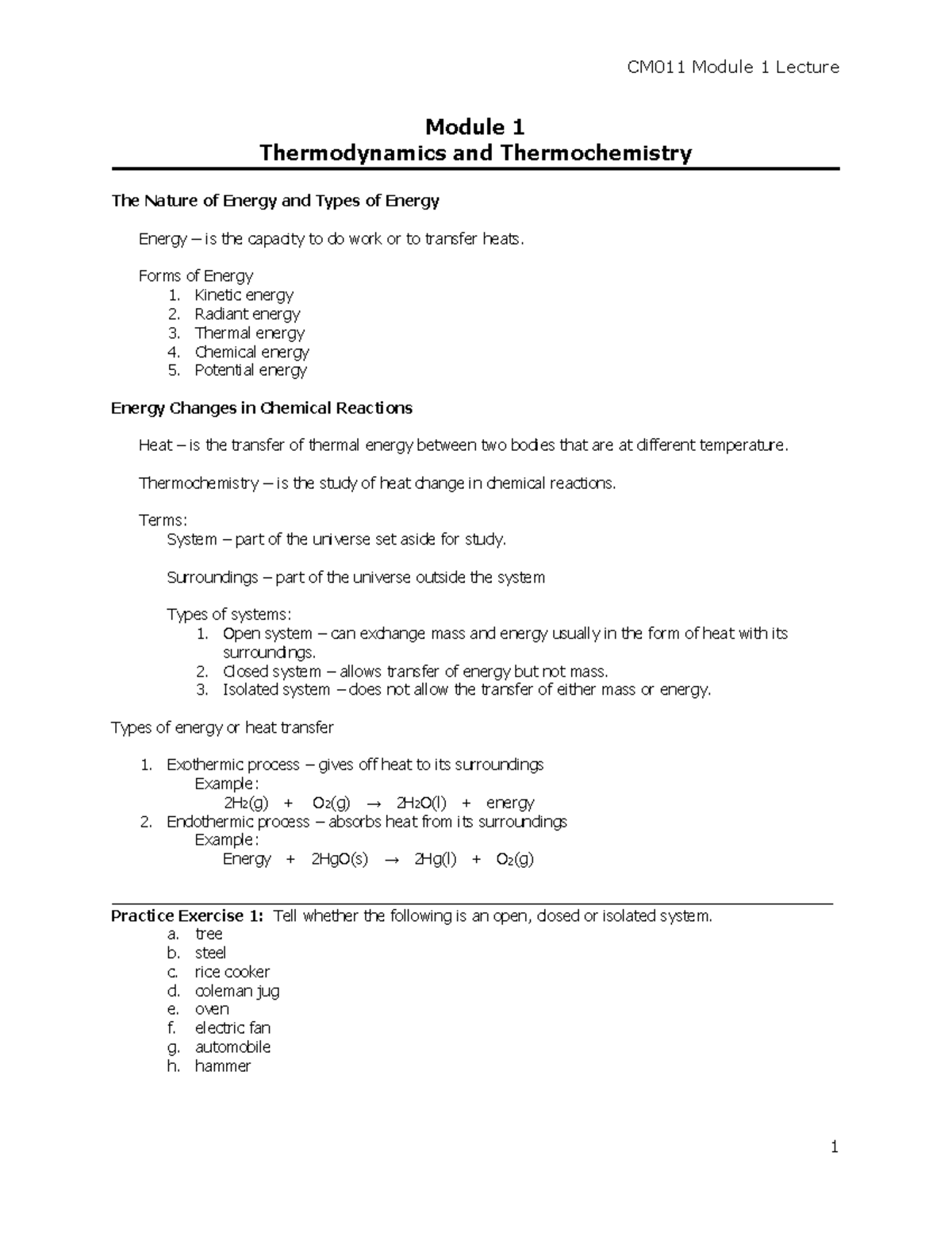 Module 1 - CO3 Thermodynamics and Thermochemistry (handouts) - Module 1 ...