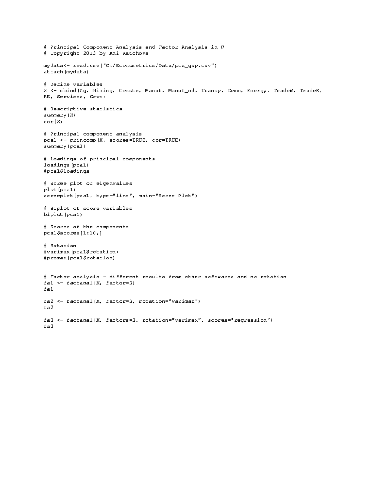 Principal Component Analysis R Program And Output Principal Component
