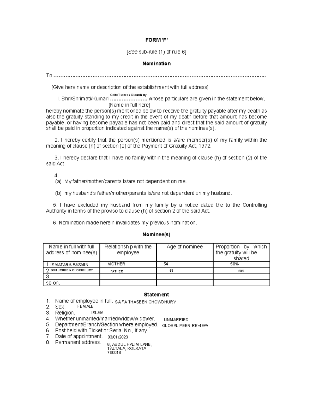5. Gratuity - Nomination Form (F) - Master of Art's - Calcutta ...