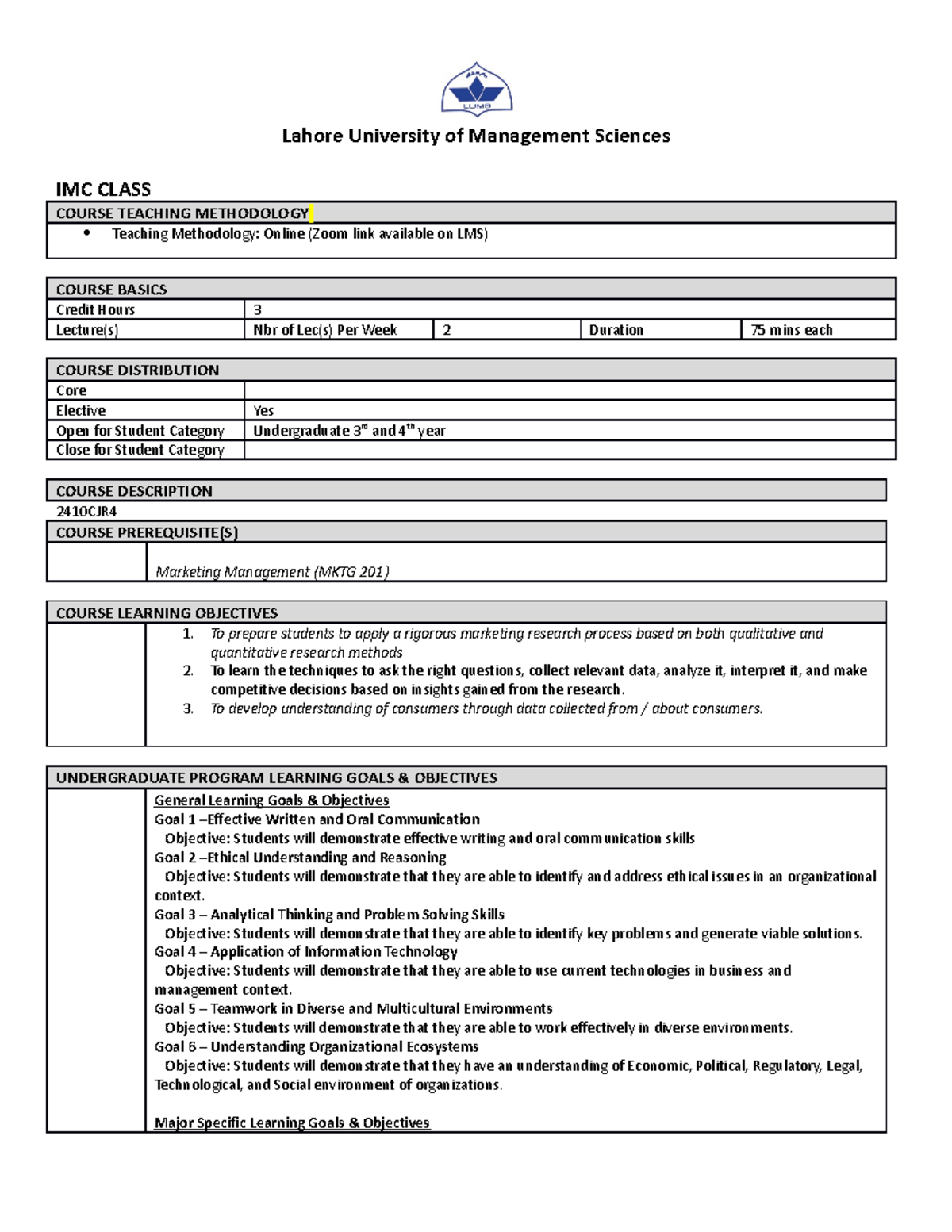 Imc course outeline - IMC CLASS COURSE TEACHING METHODOLOGY Teaching ...
